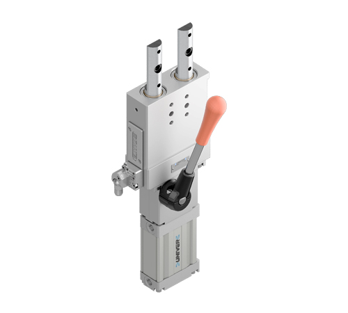 Pneumatic retractable locating pin unit with two rods and hand lever, Ø ...